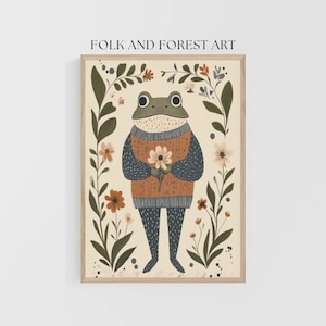 Cottagecore Frog Printable Wall Art – Cozy Folk Art Frog Holding Flower ...