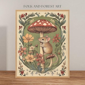Woodland Mouse and Toadstool | Folk Art Printable | Cottagecore Digital ...