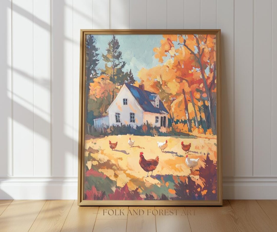 Autumn Chicken Farmhouse Art Print | Rustic Fall Barnyard Landscape ...