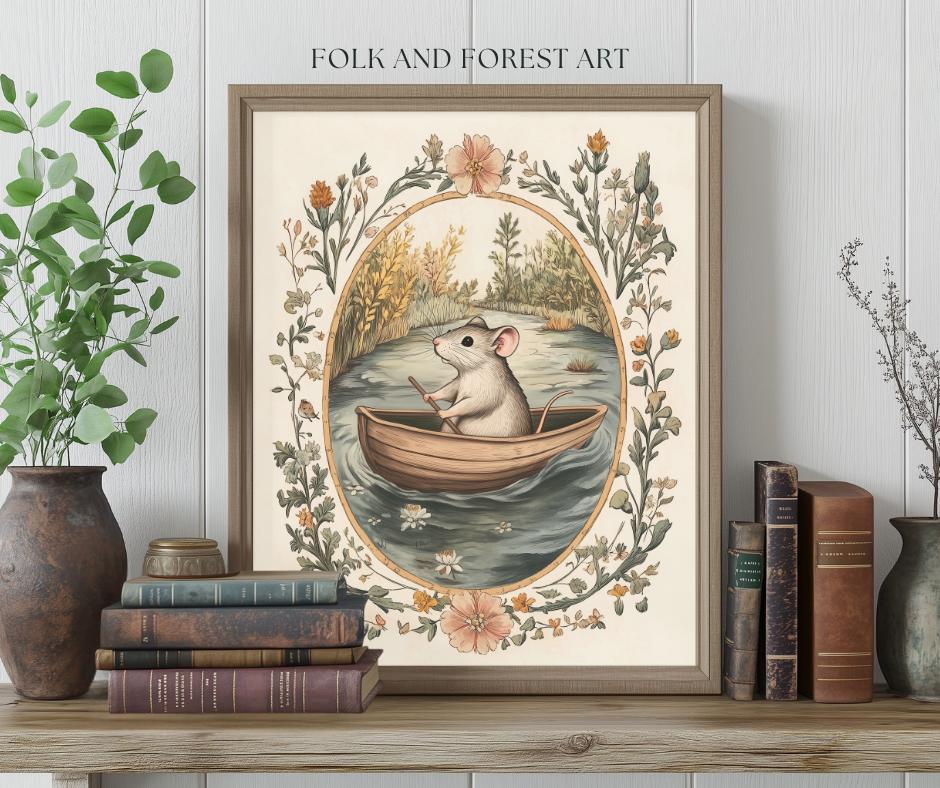 Rowing Mouse Folk Art | Cottagecore Digital Download | Whimsical Animal ...