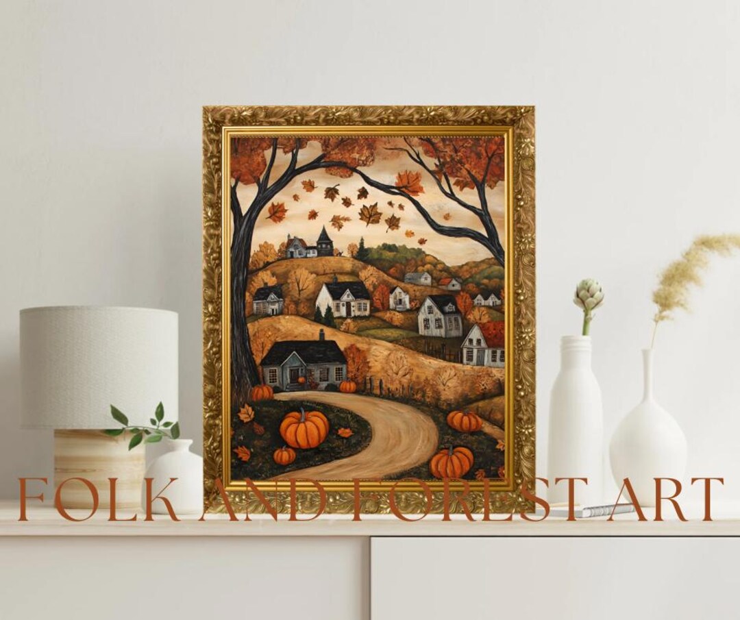 Small Town on a Fall Day Folk Art Print Digital Download - Etsy