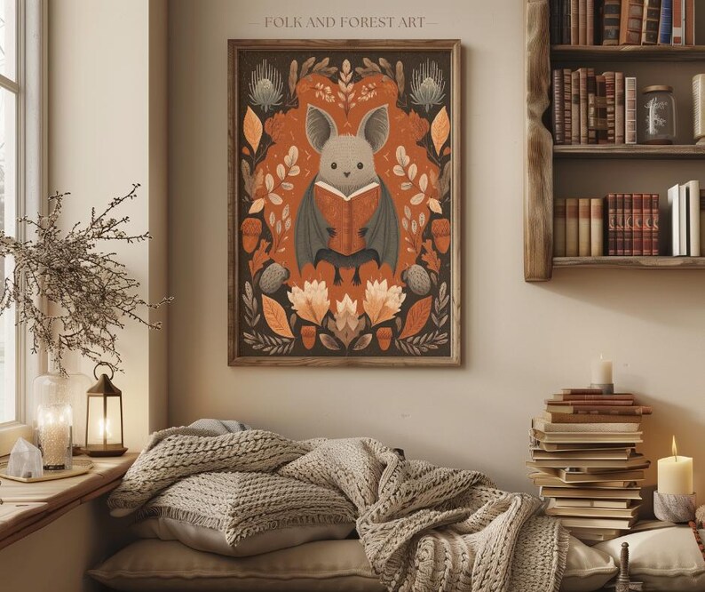 Reading Bat Fall Art Print – Whimsical Autumn Wall Decor, Cozy ...