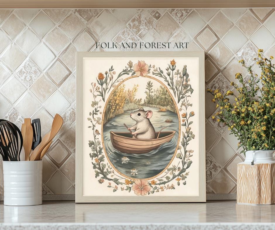 Rowing Mouse Folk Art | Cottagecore Digital Download | Whimsical Animal ...
