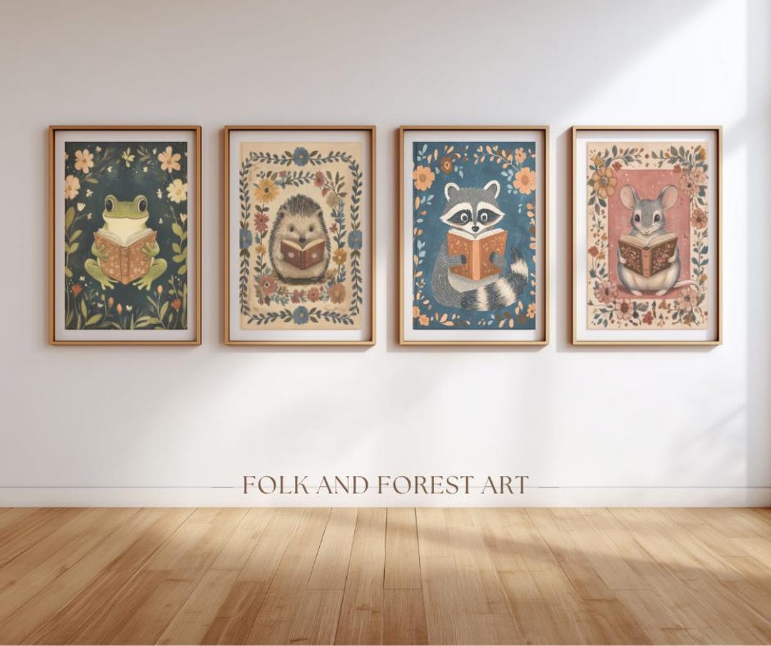 Woodland Animal Reading Print Set | Whimsical Storybook Nursery Wall ...