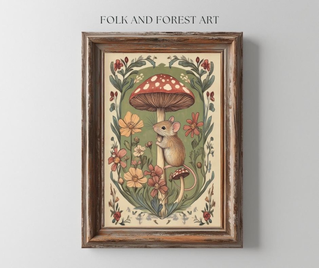 Woodland Mouse and Toadstool | Folk Art Printable | Cottagecore Digital ...