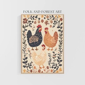 Rustic Farmhouse Chickens | Cottagecore Folk Art Print | Whimsical ...