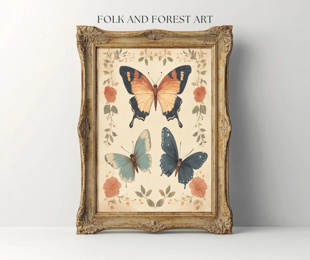 Vintage Butterflies Flying | Folk Art Print | Cozy Cottagecore Digital ...