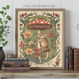 Woodland Mouse and Toadstool | Folk Art Printable | Cottagecore Digital ...
