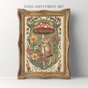 Woodland Mouse and Toadstool | Folk Art Printable | Cottagecore Digital ...