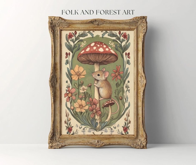 Woodland Mouse and Toadstool | Folk Art Printable | Cottagecore Digital ...