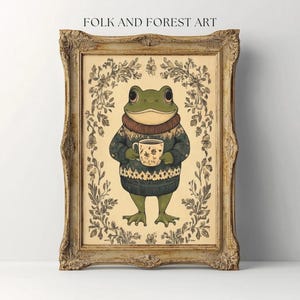 Cozy Frog With Tea Folk Art | Whimsical Cottagecore Printable | Digital ...
