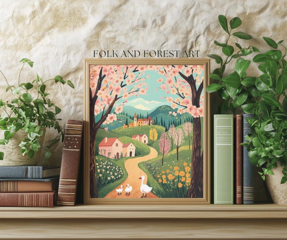 Charming Countryside Spring Landscape | Folk Art Digital Download ...
