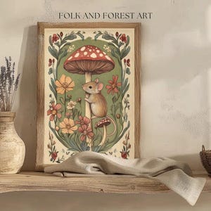 Woodland Mouse and Toadstool | Folk Art Printable | Cottagecore Digital ...
