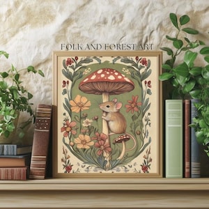Woodland Mouse and Toadstool | Folk Art Printable | Cottagecore Digital ...