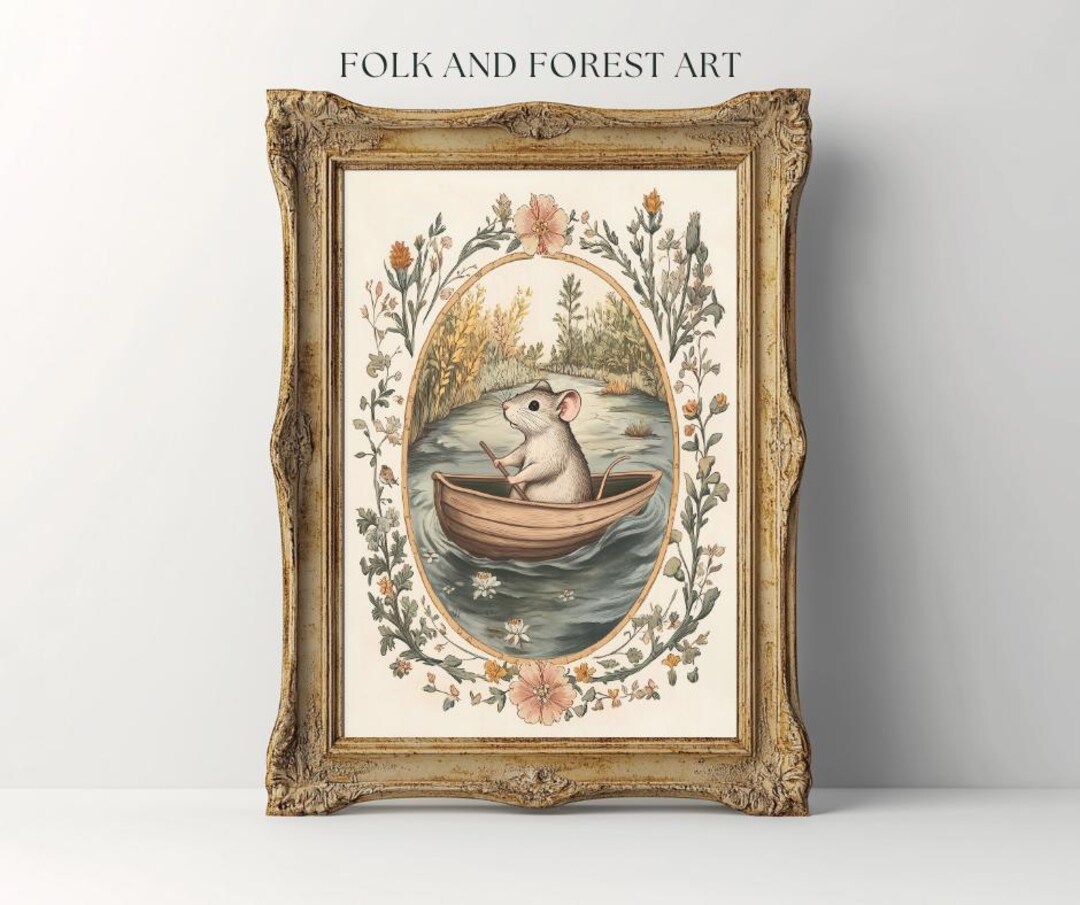 Rowing Mouse Folk Art | Cottagecore Digital Download | Whimsical Animal ...