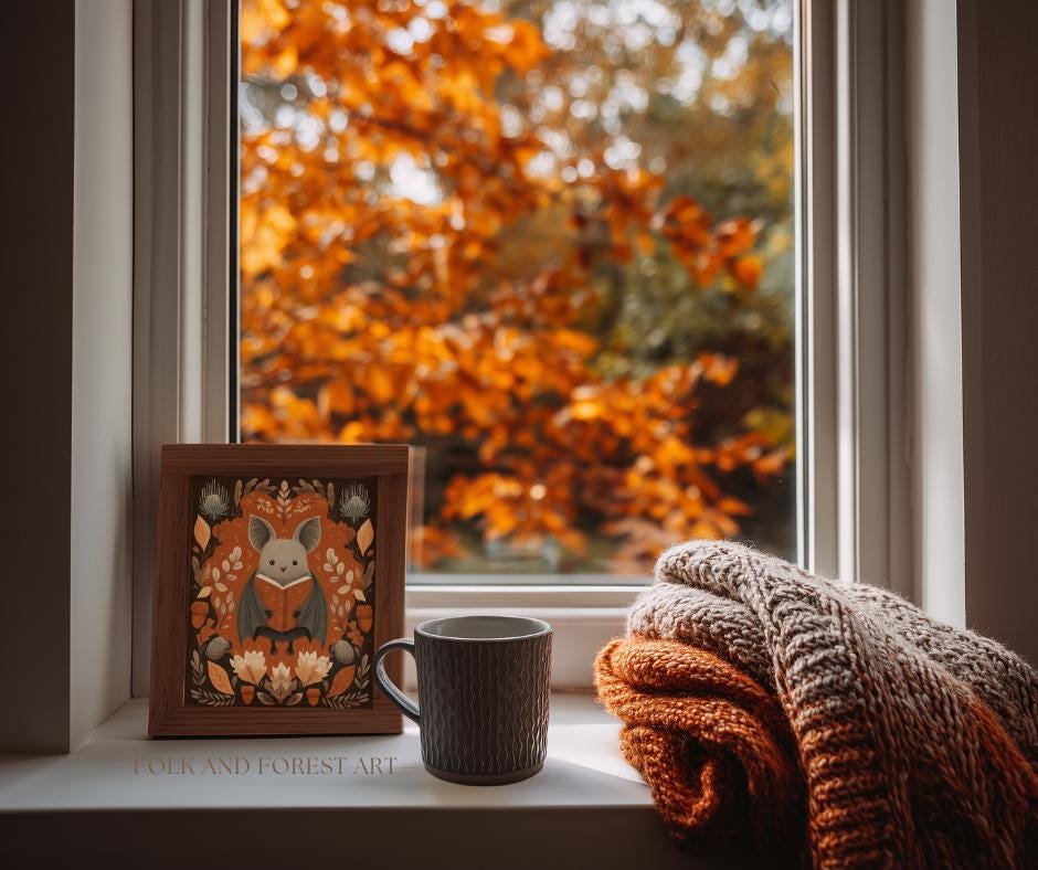 Reading Bat Fall Art Print – Whimsical Autumn Wall Decor, Cozy ...