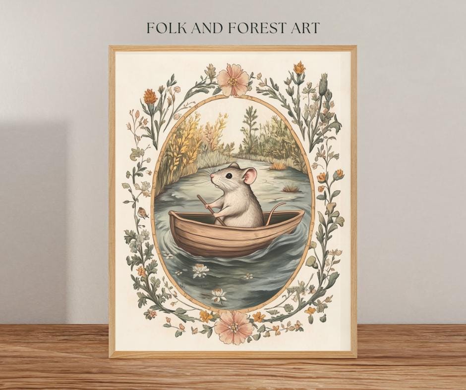 Rowing Mouse Folk Art | Cottagecore Digital Download | Whimsical Animal ...