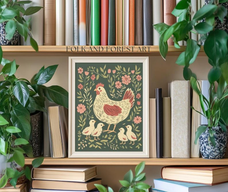 Hen and Chicks Art Print – Vintage Folk Art Digital Download, Farmhouse ...
