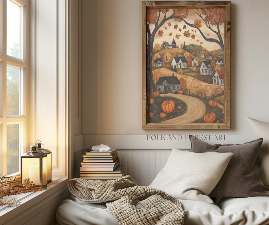 Cozy Pumpkin Village Fall Art Print – Autumn Country Road Digital ...