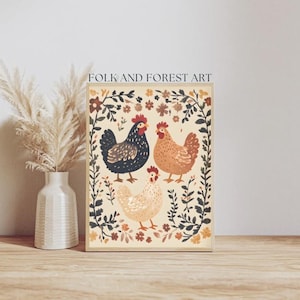 Rustic Farmhouse Chickens | Cottagecore Folk Art Print | Whimsical ...