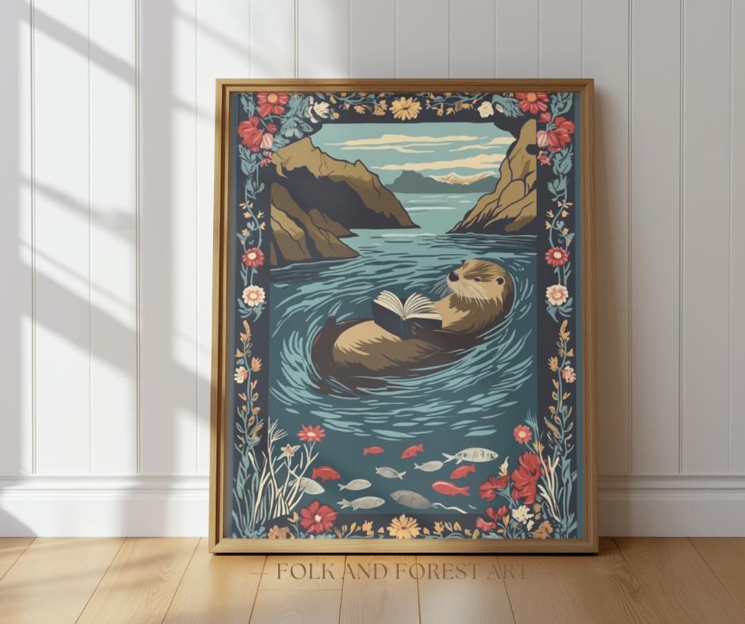 Reading Otter Wall Art Print – Coastal Cottagecore Animal Art, Bookish ...