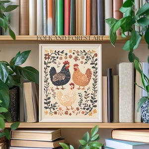 Rustic Farmhouse Chickens | Cottagecore Folk Art Print | Whimsical ...