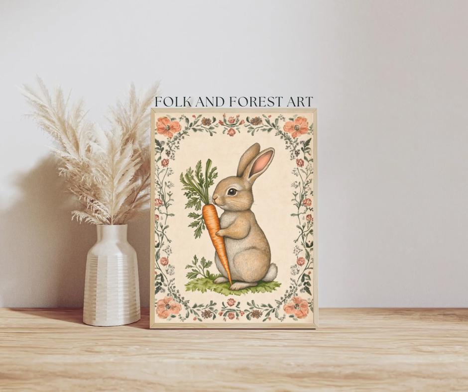 Vintage Spring Bunny Print | Folk Art Digital Download | Cottagecore ...