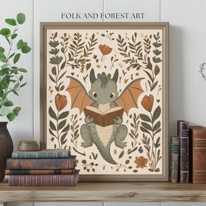 Adorable Reading Dragon | Folk Art Printable | Whimsical Nursery ...