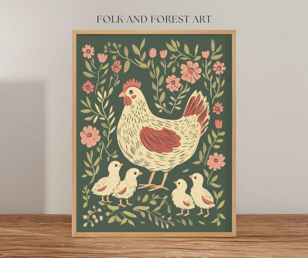 Hen and Chicks Art Print – Vintage Folk Art Digital Download, Farmhouse ...