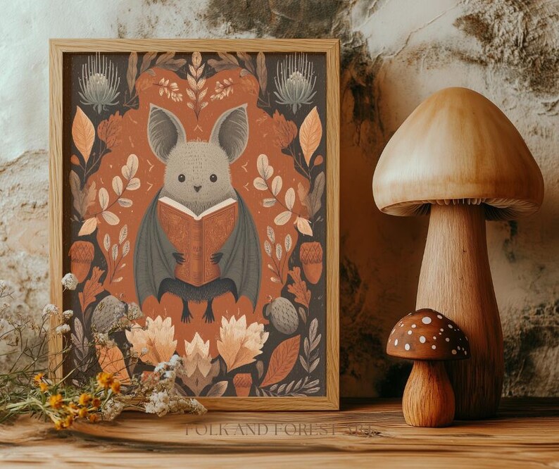 Reading Bat Fall Art Print – Whimsical Autumn Wall Decor, Cozy ...