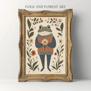 Cottagecore Frog Printable Wall Art – Cozy Folk Art Frog Holding Flower ...