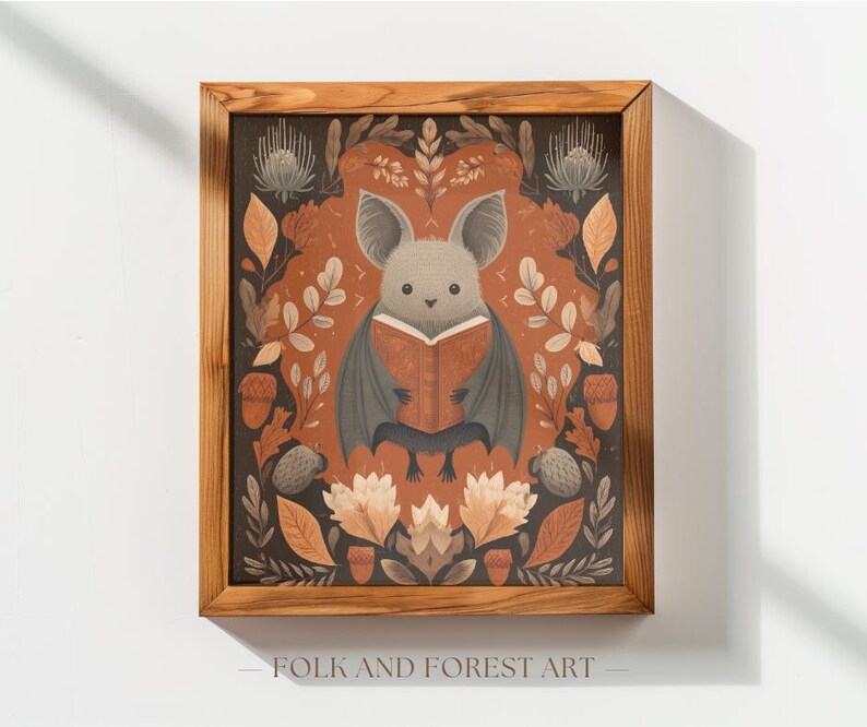 Reading Bat Fall Art Print – Whimsical Autumn Wall Decor, Cozy ...