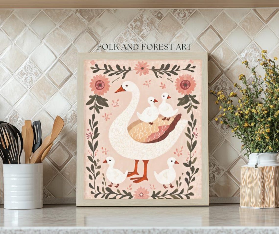 Whimsical Goose & Goslings | Cottagecore Farmhouse Folk Art Print ...