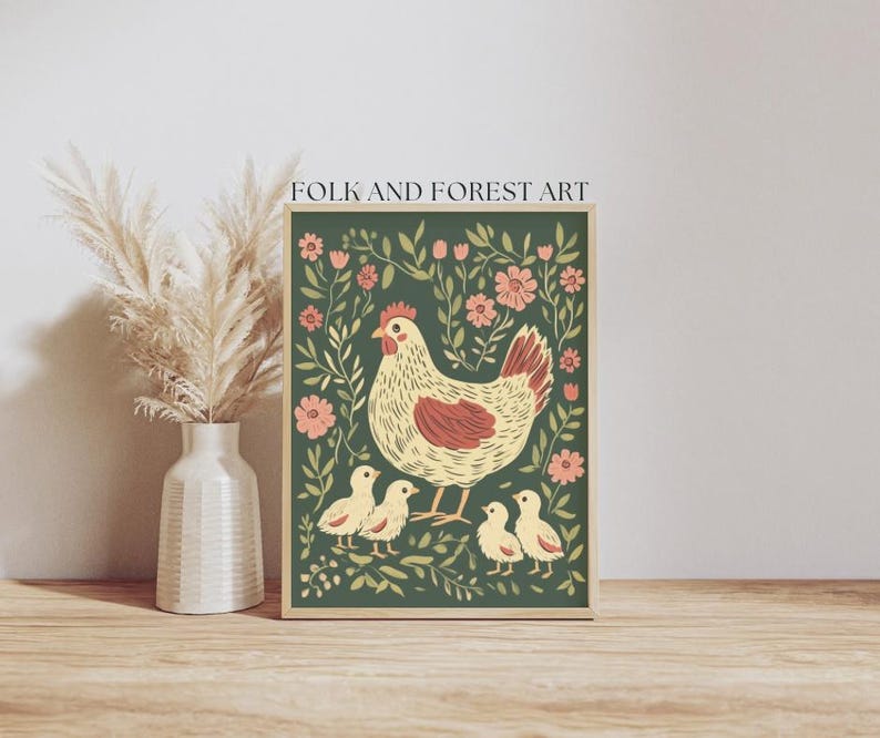 Hen and Chicks Art Print – Vintage Folk Art Digital Download, Farmhouse ...