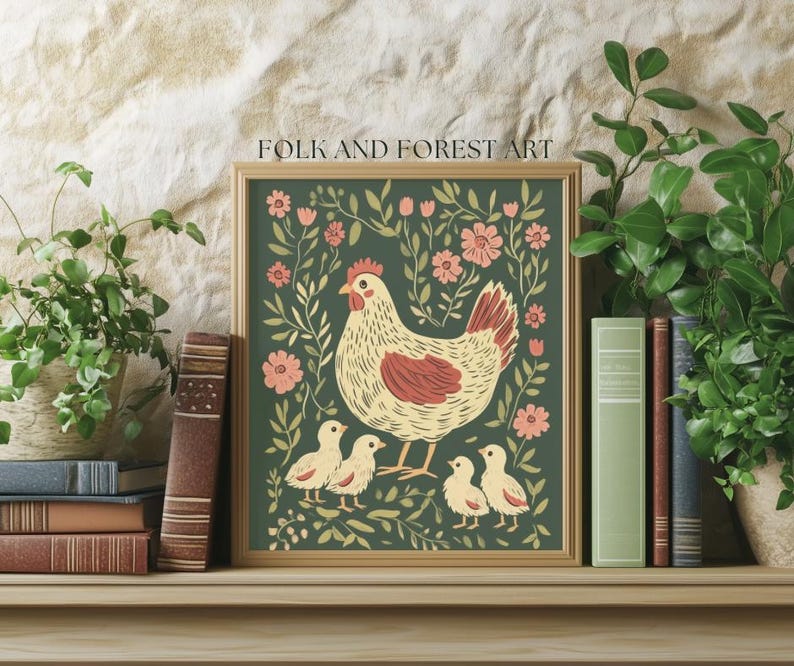 Hen and Chicks Art Print – Vintage Folk Art Digital Download, Farmhouse ...