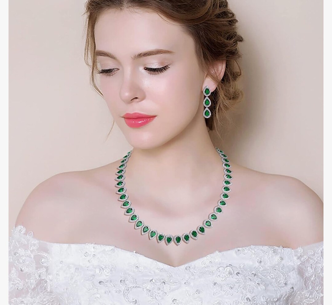 Bridal Green Jewelry Set Women's Silver-tone Full Prong Cubic Zirconia ...