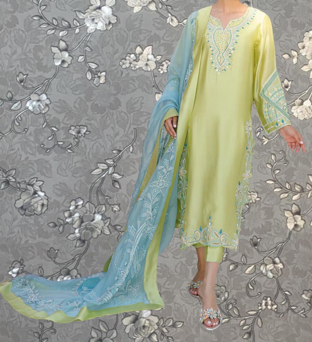 Elegant Light Green & Blue Floral Embroidered Tunic Pant Set With ...