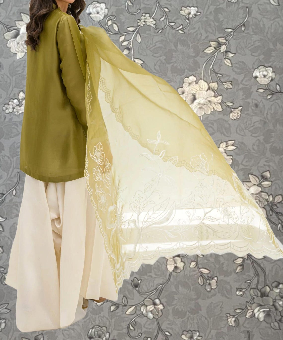 Pink Tulip Olive Green Embroidered Short Kameez With Dupatta & Wide ...