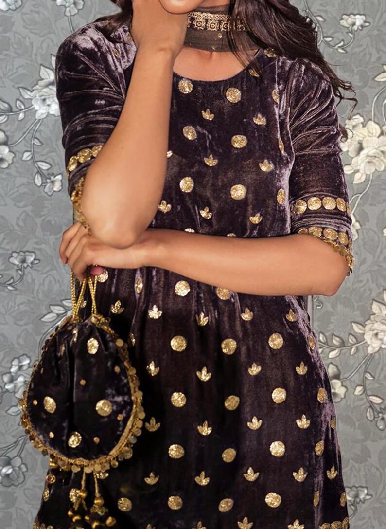 Purple Velvet Embroidered Salwar Kameez With Dupatta & Pouch - Elegant ...
