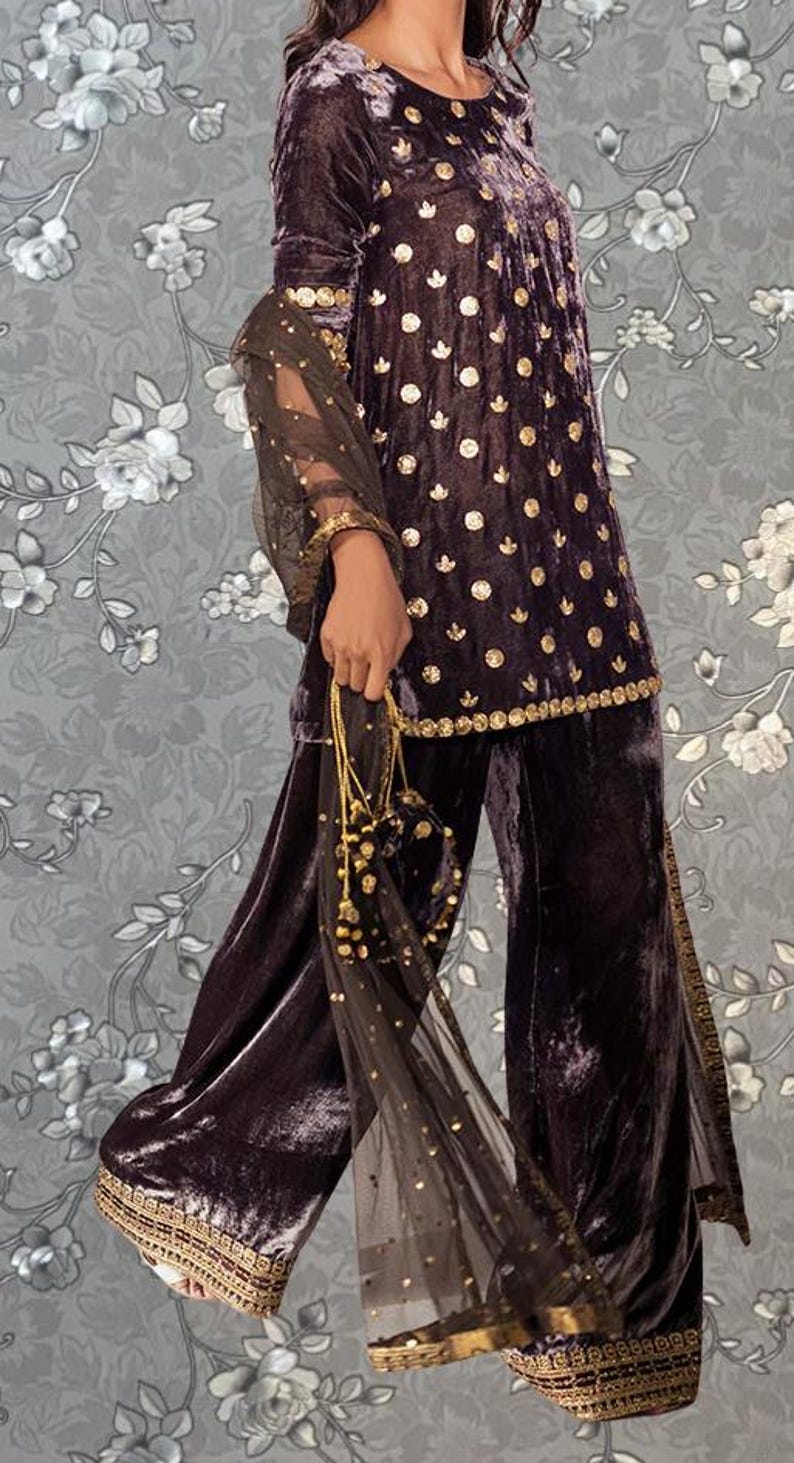 Purple Velvet Embroidered Salwar Kameez With Dupatta & Pouch - Elegant ...