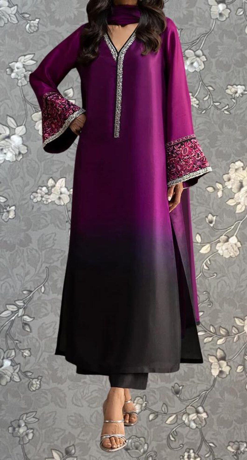 Elegant Plum & Black Ombre Formal Kurta Set With Embroidered Sleeves ...