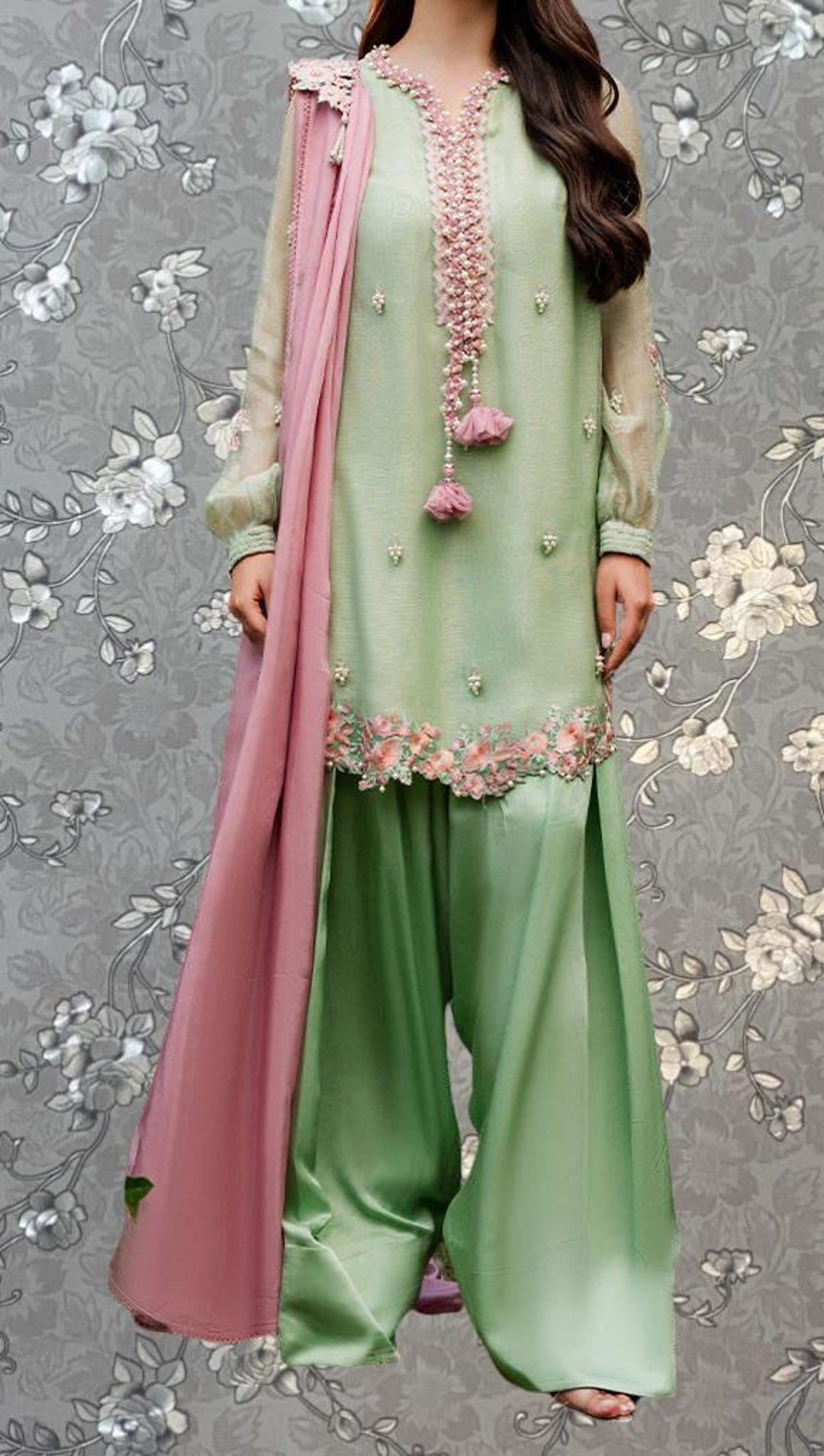 Sage Green Pakistani Formal Dress | Embroidered Kameez With Wide Pants ...