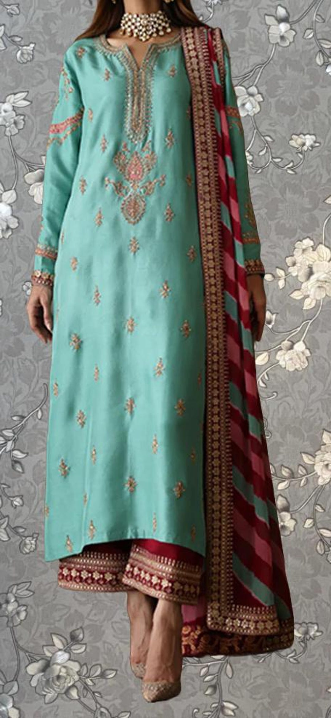 Pink Tulip Mint Green Embroidered Kurti With Churidar & Dupatta ...