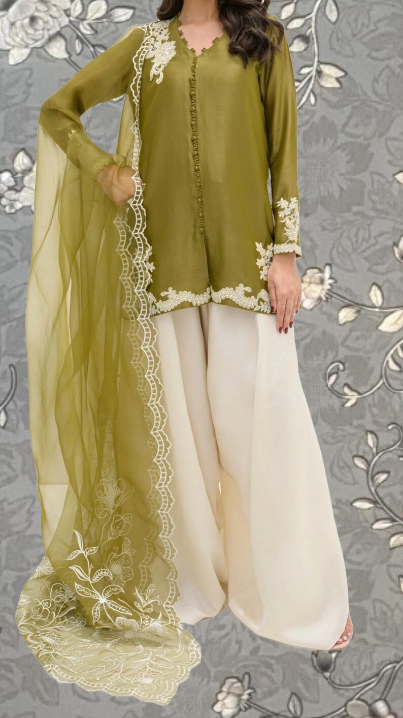 Pink Tulip Olive Green Embroidered Short Kameez With Dupatta & Wide ...