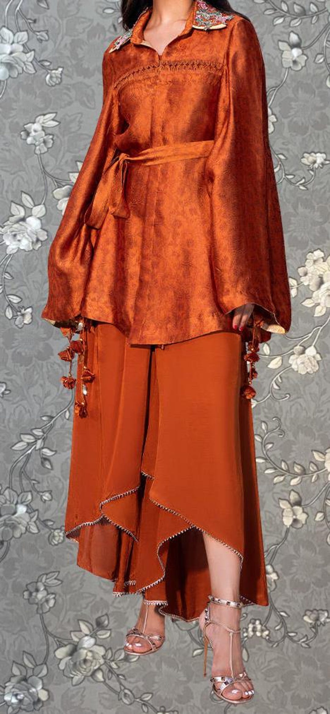Pink Tulip Rust Silk Two-piece Set | Embellished Collar Top & Layered ...