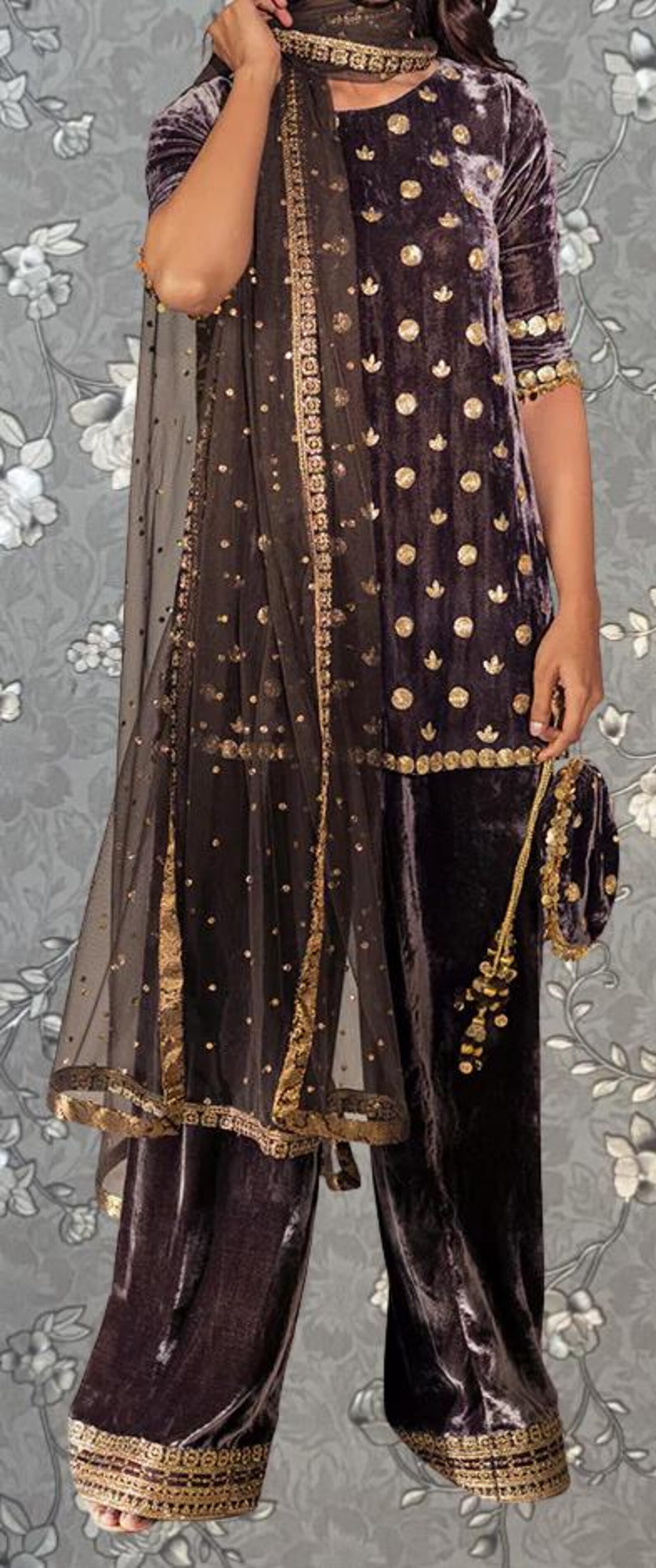 Purple Velvet Embroidered Salwar Kameez With Dupatta & Pouch - Elegant ...