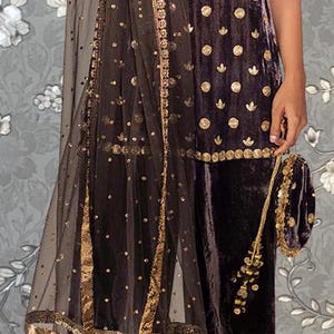 Purple Velvet Embroidered Salwar Kameez With Dupatta & Pouch - Elegant ...