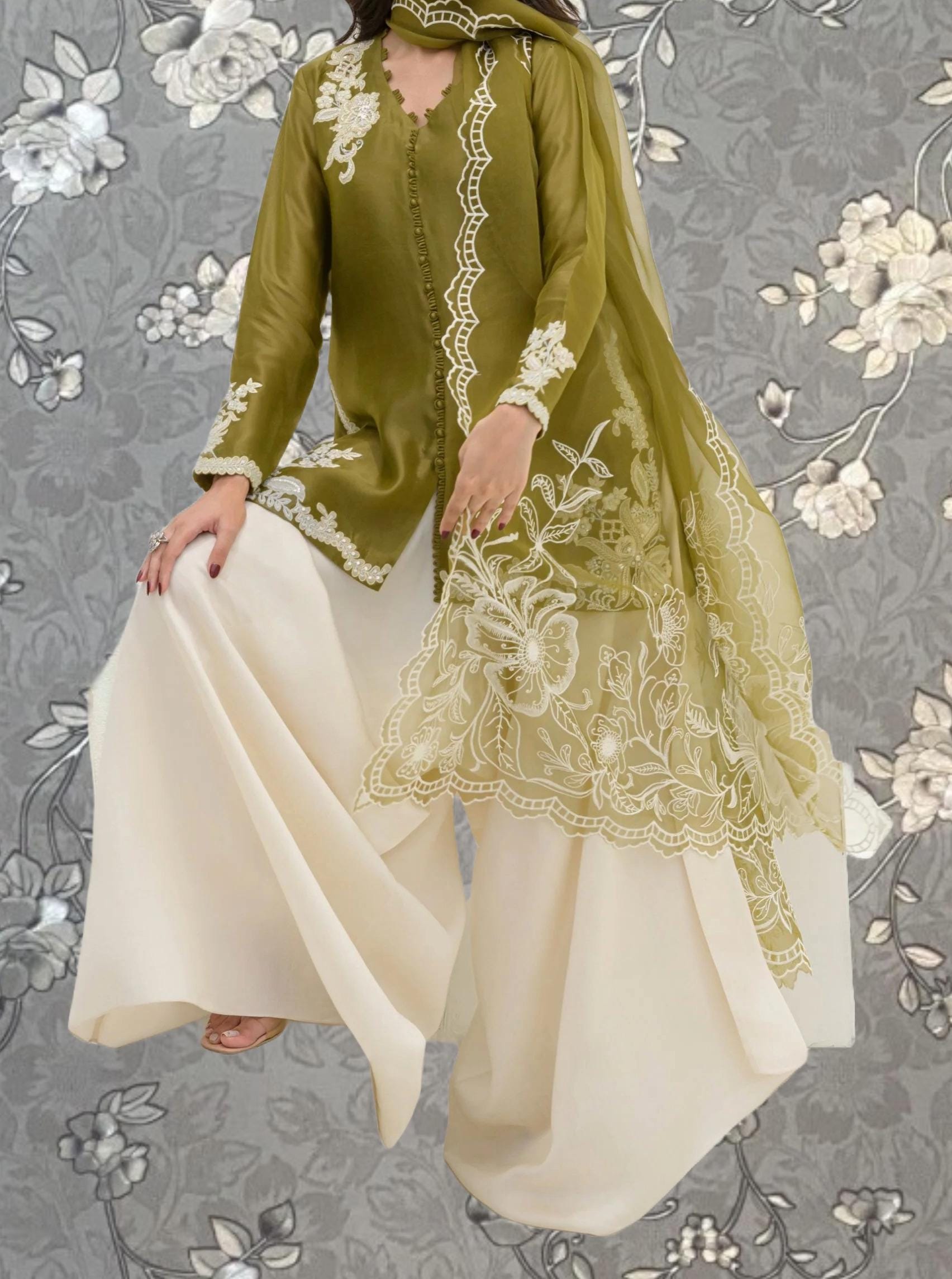 Pink Tulip Olive Green Embroidered Short Kameez With Dupatta & Wide ...