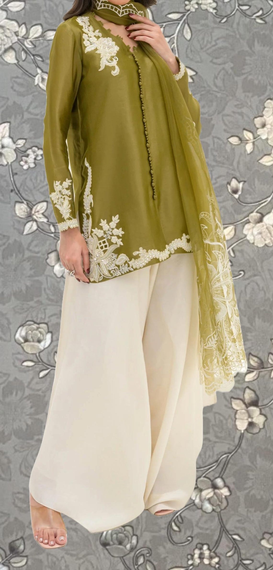 Pink Tulip Olive Green Embroidered Short Kameez With Dupatta & Wide ...