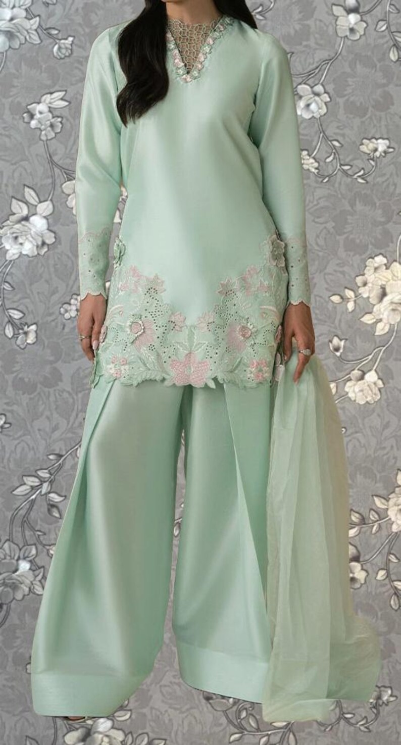Mint Green Floral Embroidered Pakistani Dress With Chiffon Dupatta ...